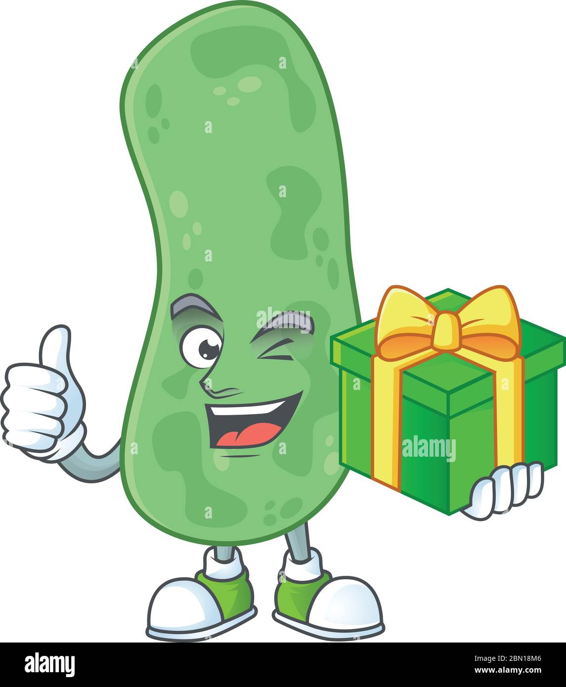 Smiley enterobacteriaceae cartoon character holding a gift box Stock ...