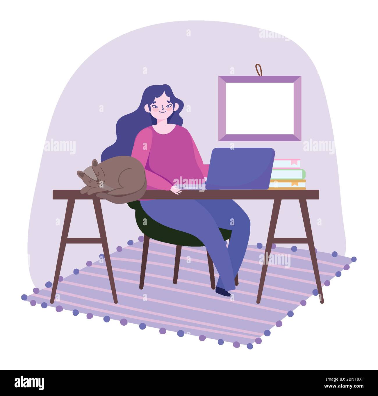 working remotely, young woman with laptop and cat in desk work vector ...