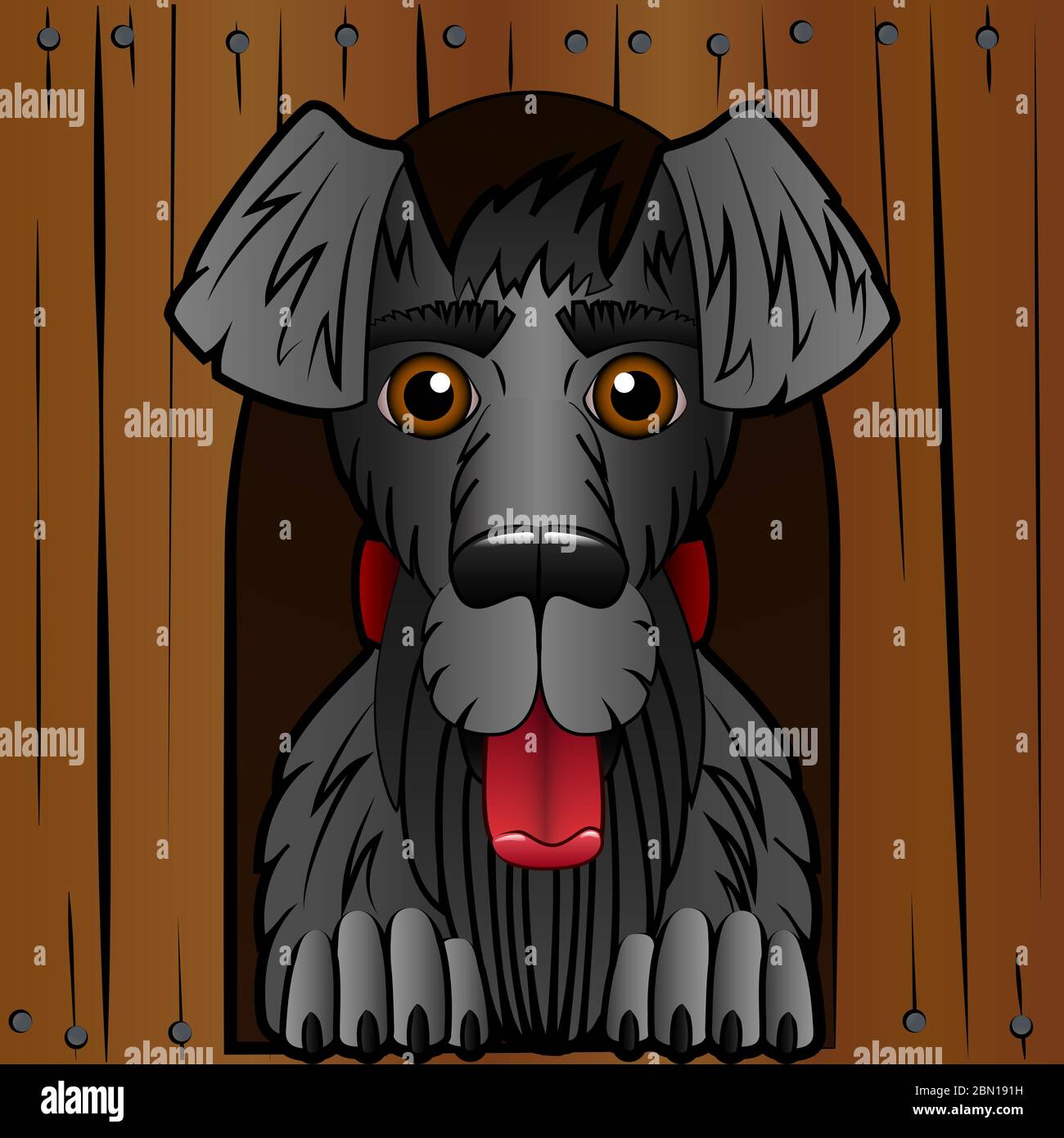 The dog in the booth. The wooden box and a black dog. Cartoon style ...