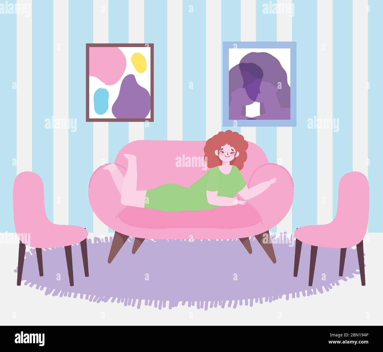 young women liying on sofa in the room with chairs cartoon vector ...