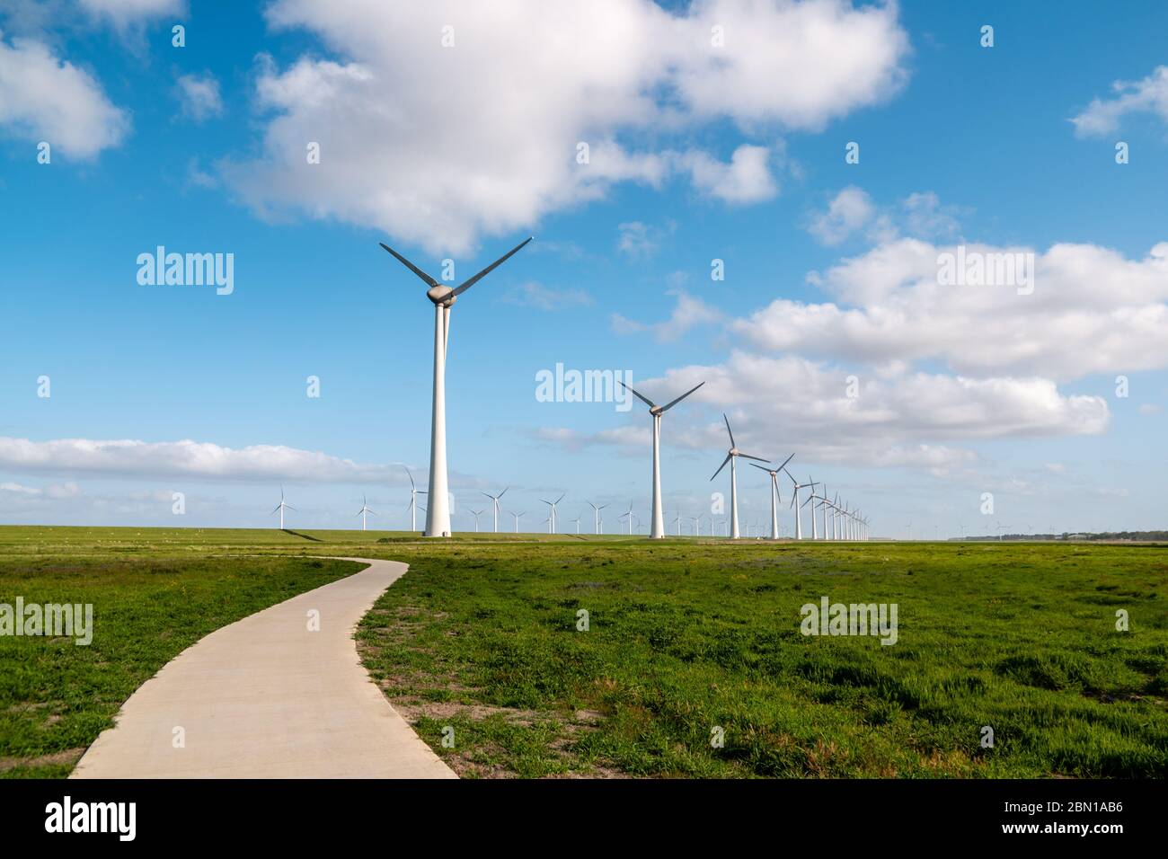 path by the dike to the huge windmill park with huge turbines in the ...