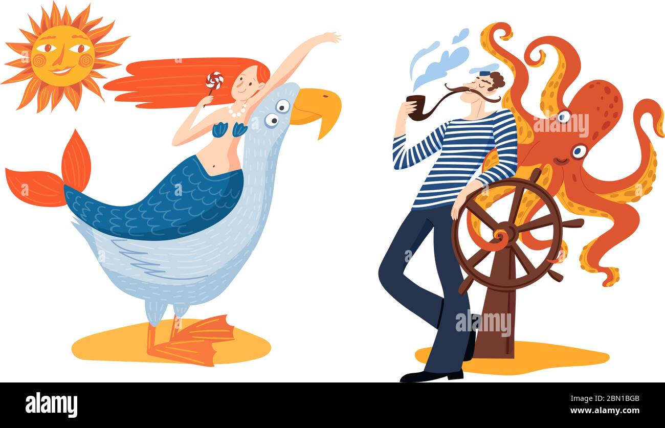 Print illustration with cartoon Lovely Mermaid and sailor Stock Vector ...