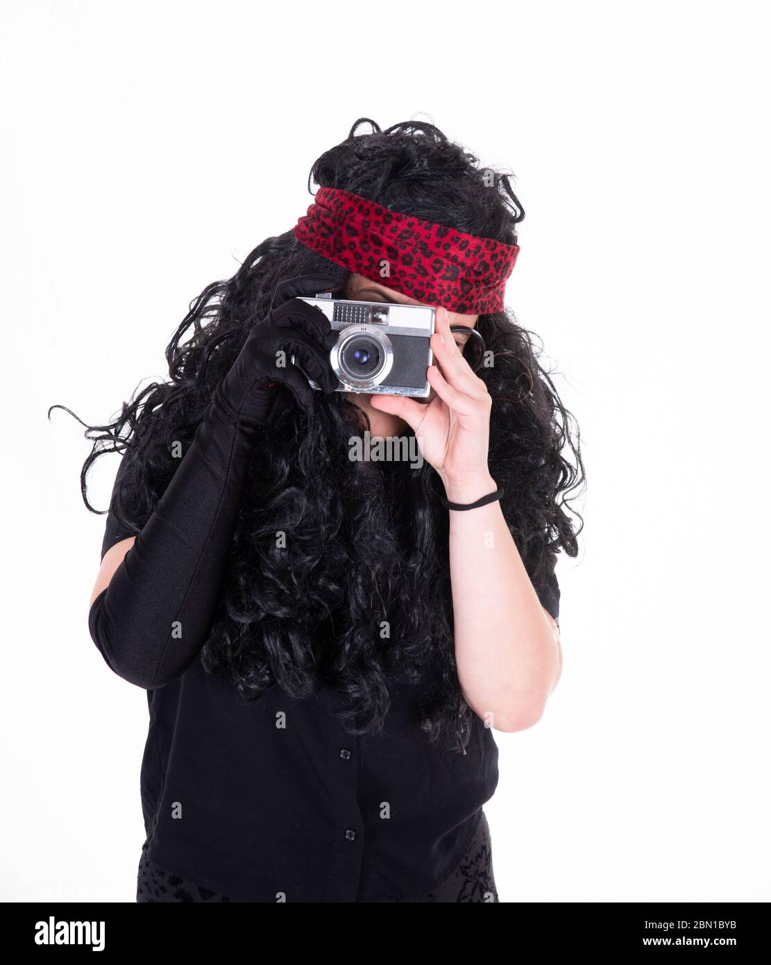 vintage girl living in the 70s year photograf in the white background ...