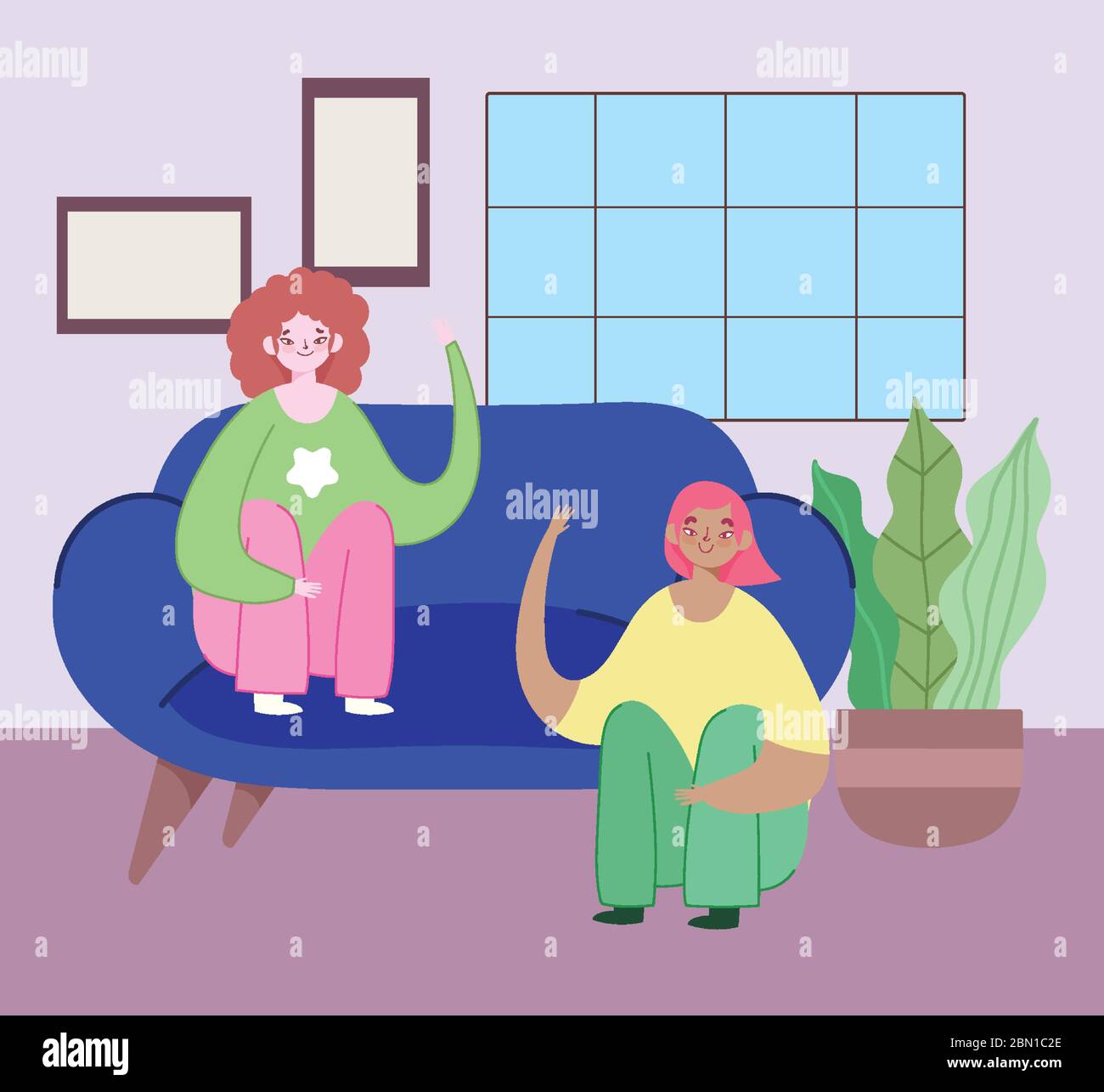 young women in room sitting on sofa and floor cartoon design vector ...