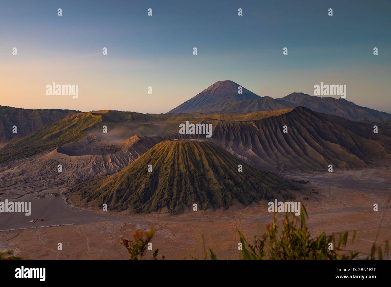 Landscapes and sunrise details at the active volcano Bromo, and the ...
