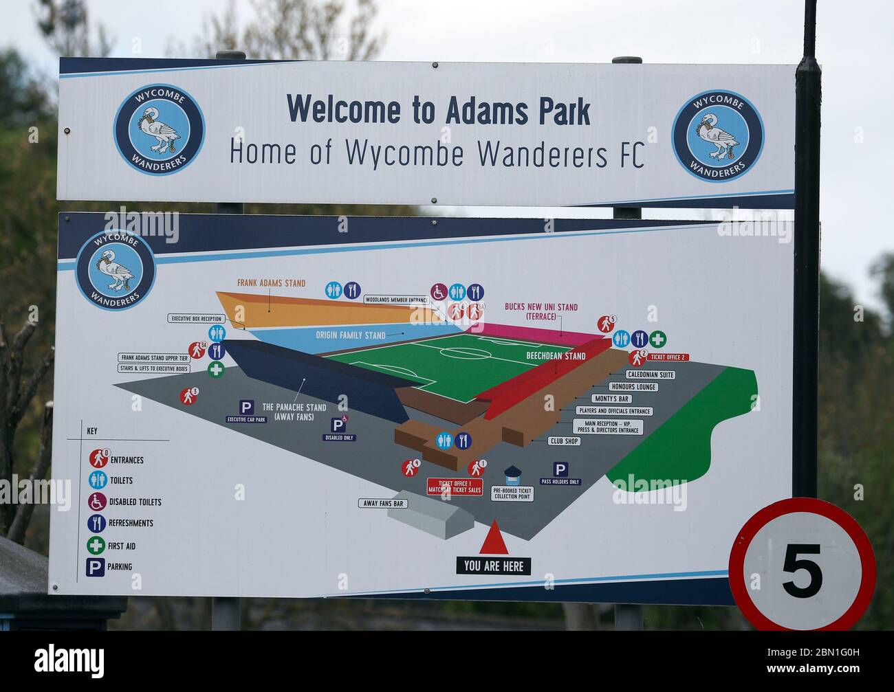 A general view of signage at Adams Park, home of Wycombe Wanderers FC ...
