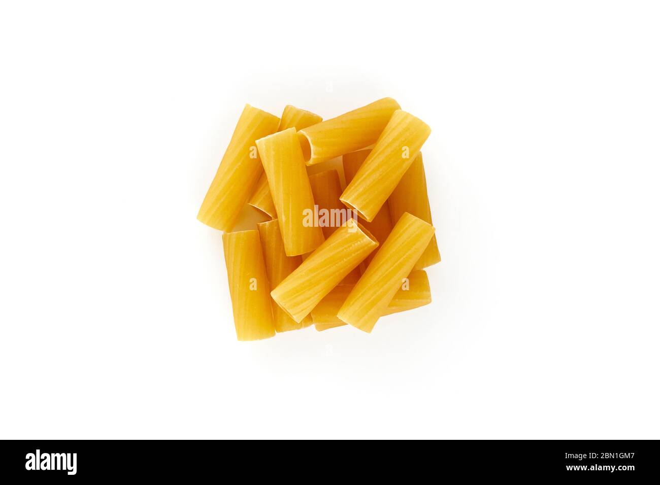 Italian raw dry pasta rigatoni isolated on white background. top view ...