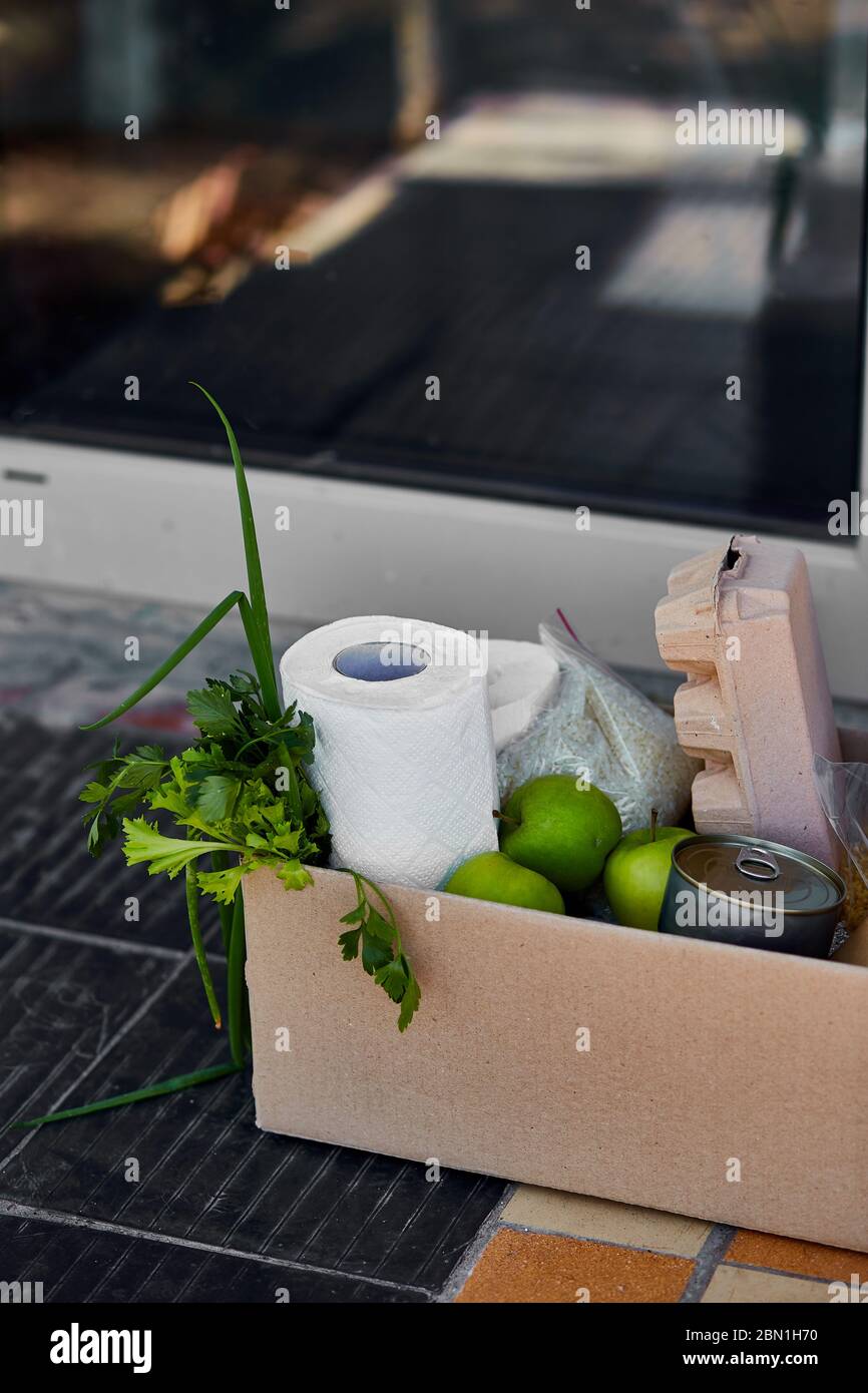 Delivery during the quarantine. Box with Merchandise, goods and food at ...