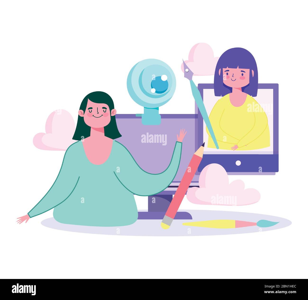 online education, teacher and student connected computer virtual class ...