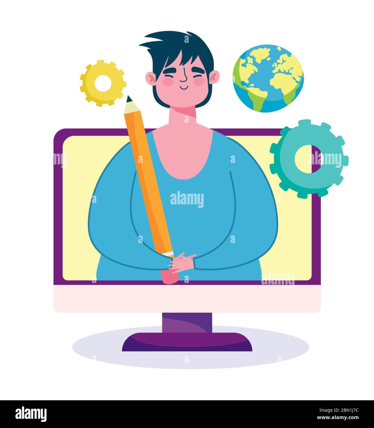 online education, computer boy with pencil on screen video vector ...