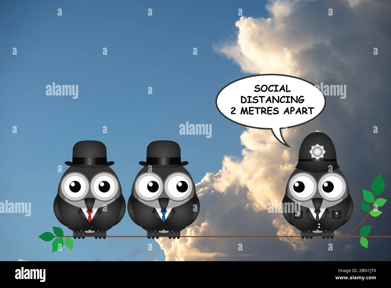 Comical bird social distancing message with UK spelling isolated on ...