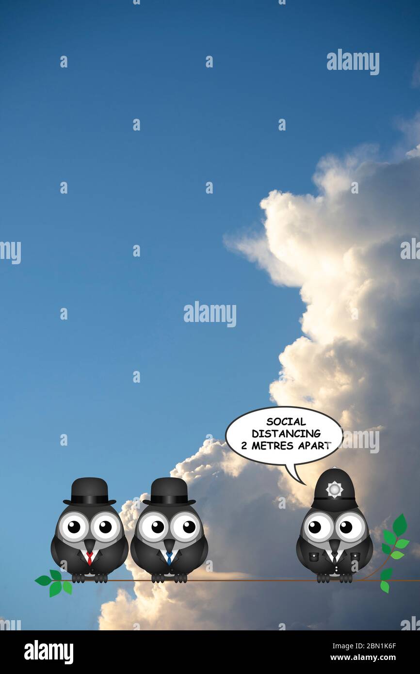 Comical bird social distancing message with UK spelling isolated on ...