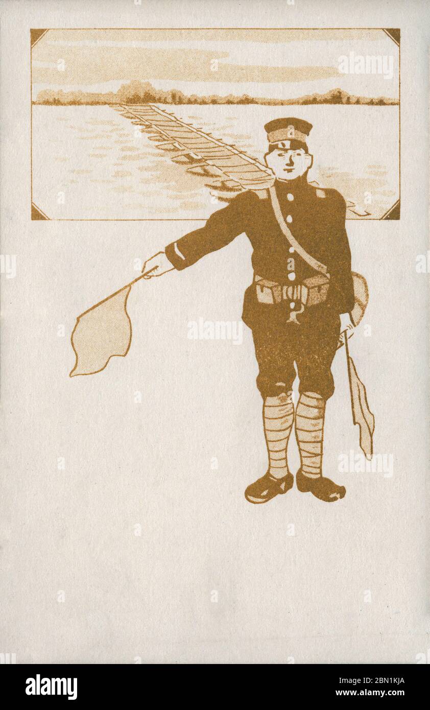[ 1900s Japan - Japanese Soldier with Signal Flags ] — Drawing of a ...