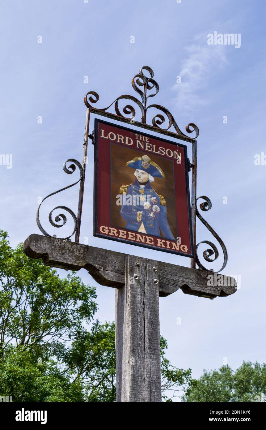 Pub sign for the Lord Nelson, a Greene King pub, in the village of ...