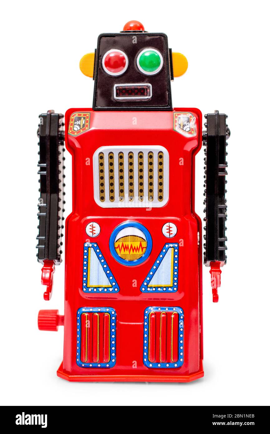 Vintage tin robot toy isolated on a white background Stock Photo - Alamy