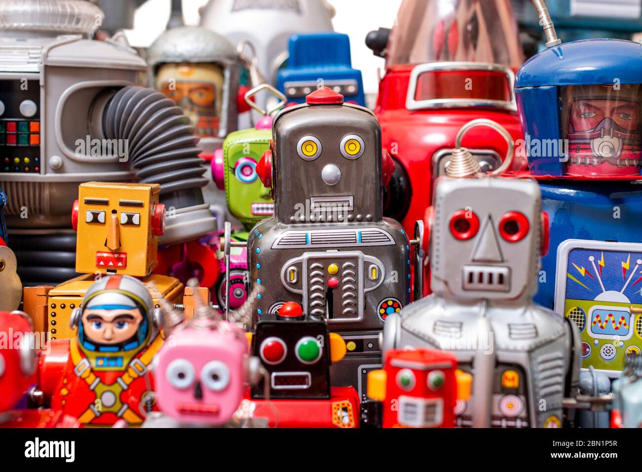 Close up view of colorful mixed vintage tin robot toys collection Stock ...