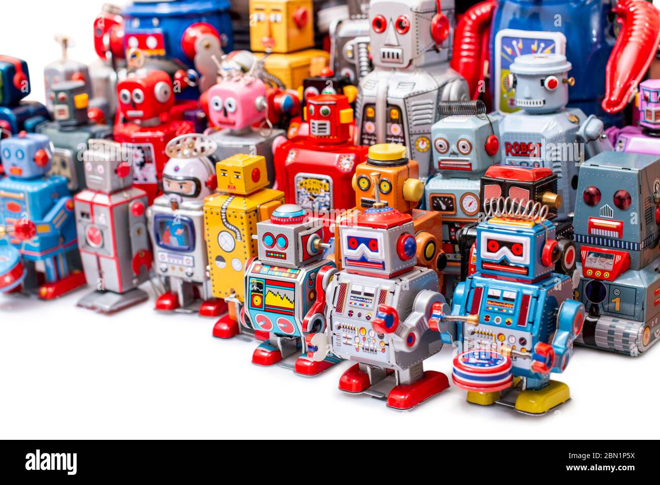 Close up view of colorful mixed vintage tin robot toys collection Stock ...