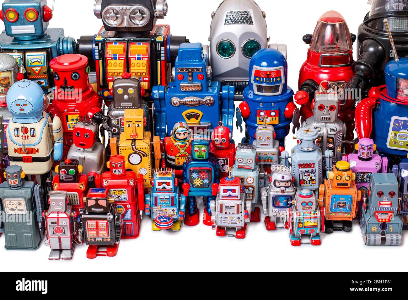 Close up view of colorful mixed vintage tin robot toys collection Stock ...