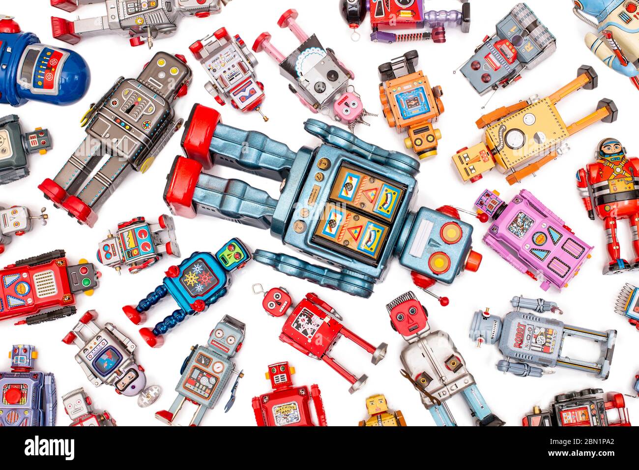 Top view of colorful mixed vintage tin robot toys collection Stock ...