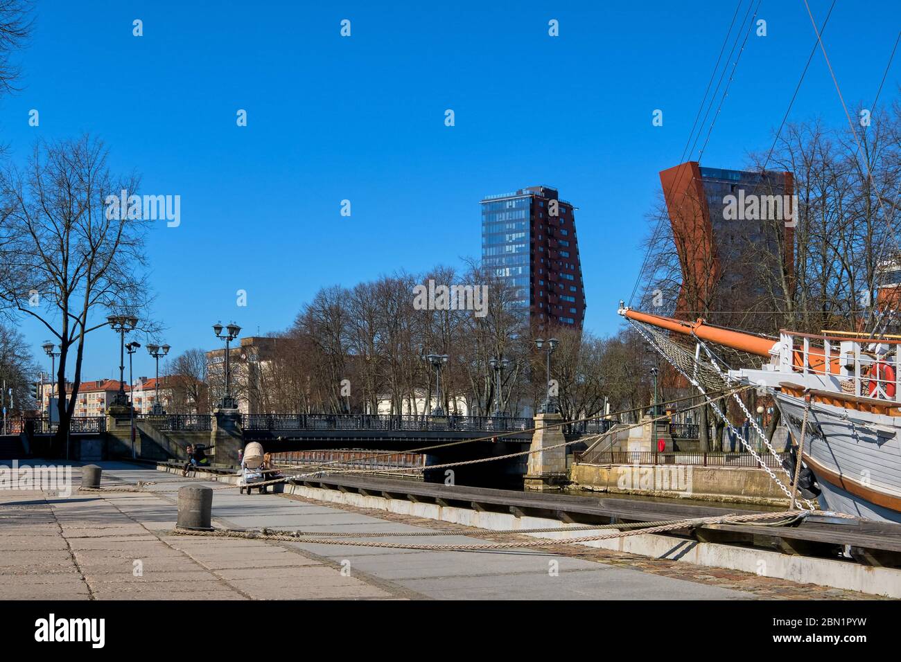 View of Birzos or Exchange bridge over river Dane in Klaipeda ...