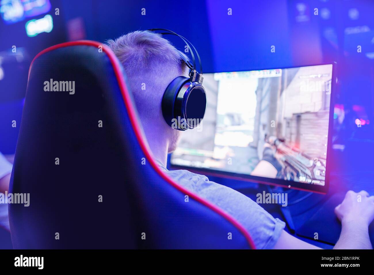 Professional cyber video gamer studio room with personal computer for ...