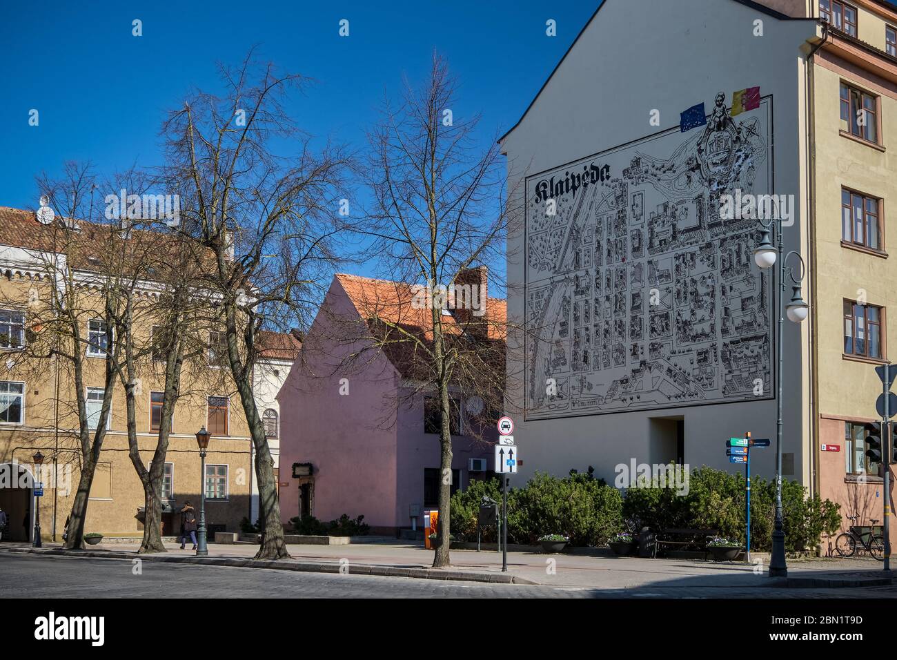 View of a street in Klaipeda, Lithuania with old buildings and house ...