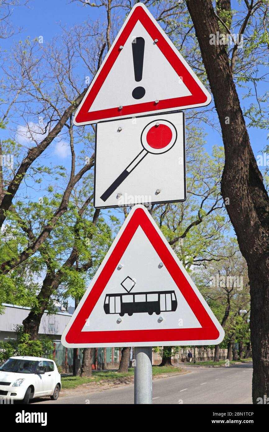 Traffic signs on the street in the city Stock Photo - Alamy