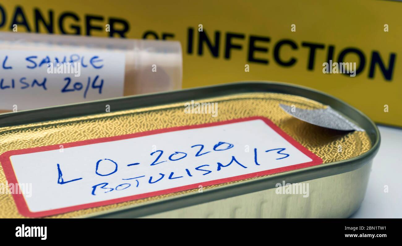 sample of tin cans, botulism infection in sick people, conceptual image ...