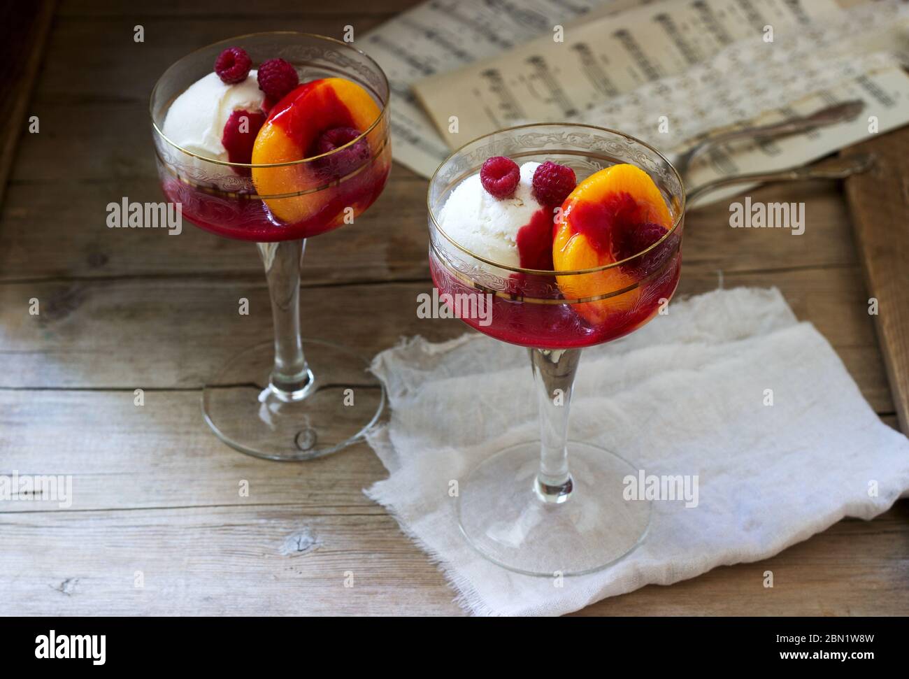 Ice cream, peach and raspberry sauce dessert dedicated to Australian ...