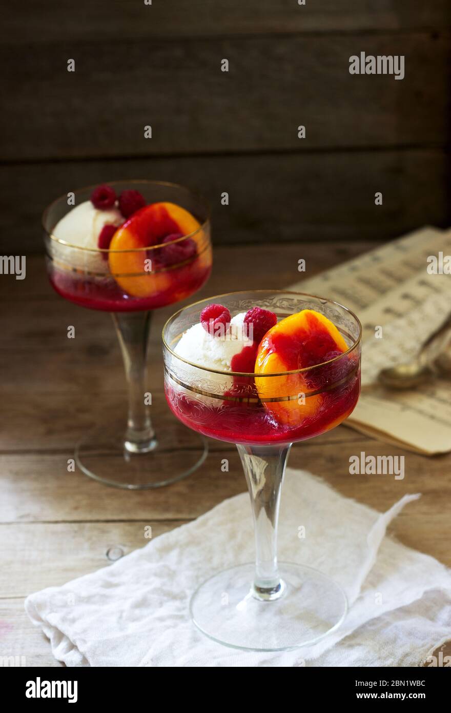 Ice cream, peach and raspberry sauce dessert dedicated to Australian ...