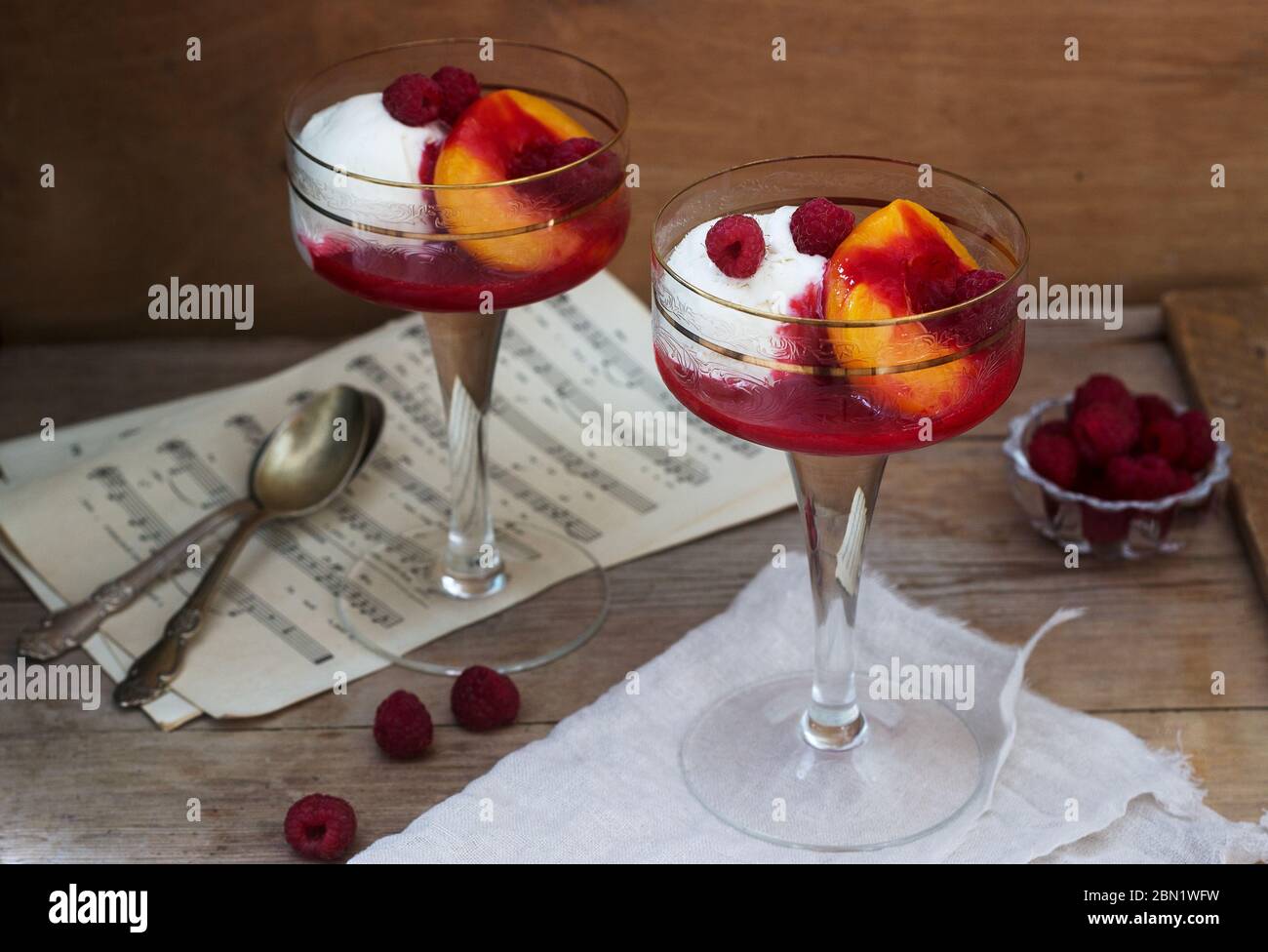 Ice cream, peach and raspberry sauce dessert dedicated to Australian ...