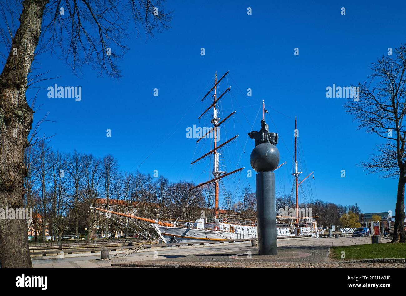 Sailing boat or barquentine anchored in old town of Klaipeda, Lithuania ...