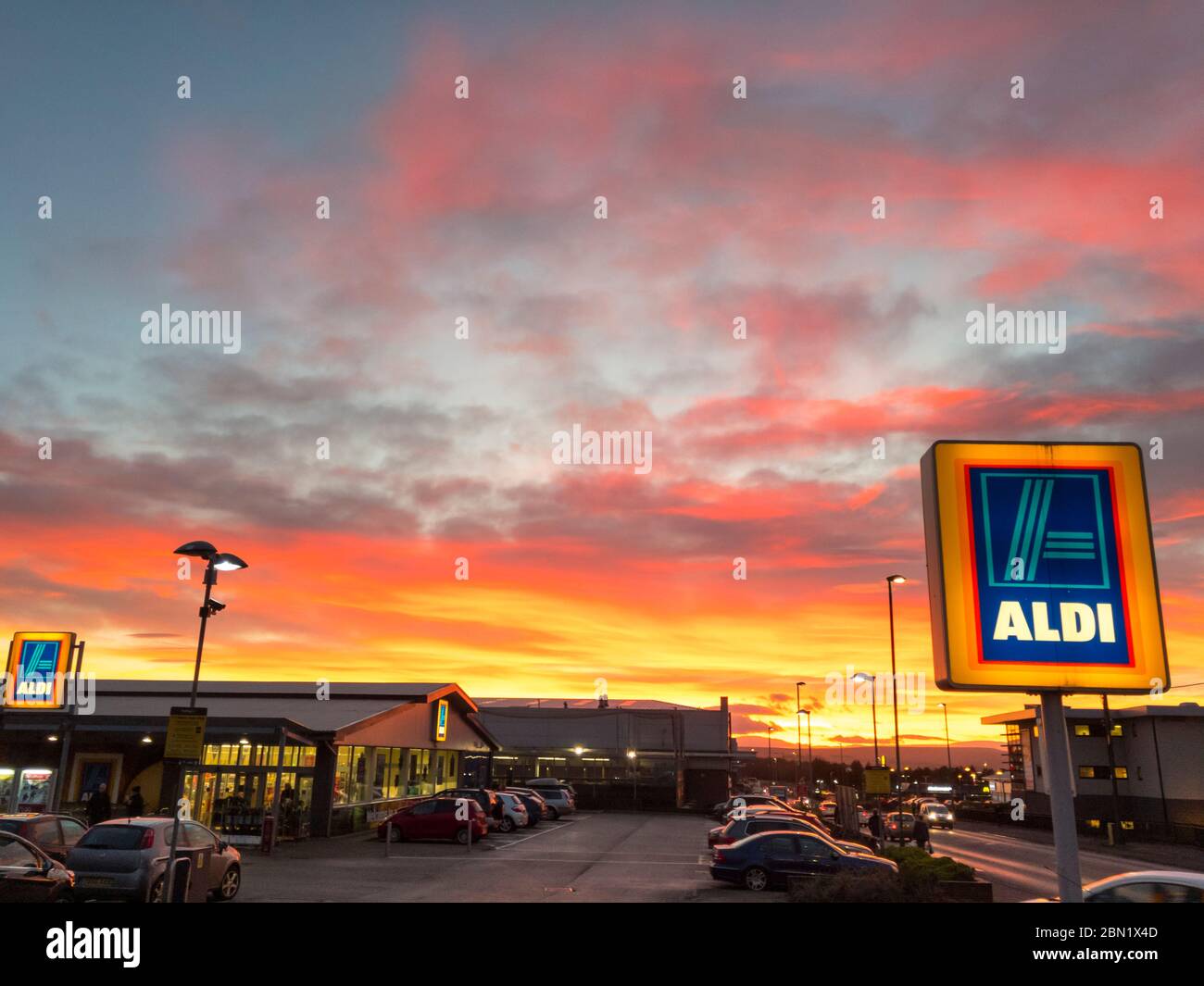 Sunset over an Aldi Store in Consett, County Durham, UK Stock Photo - Alamy