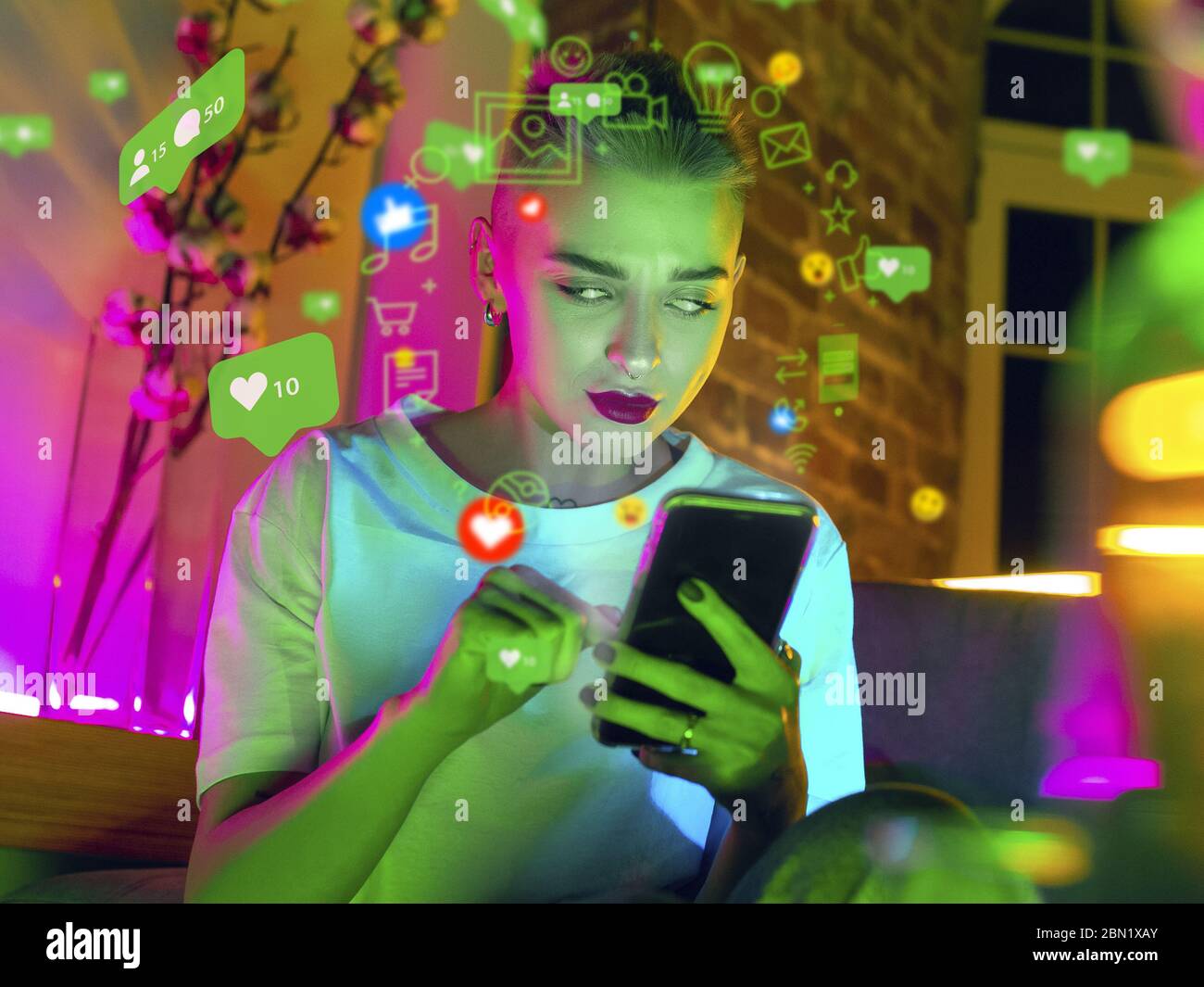 Beautiful woman with white eyes using interface modern technology and ...