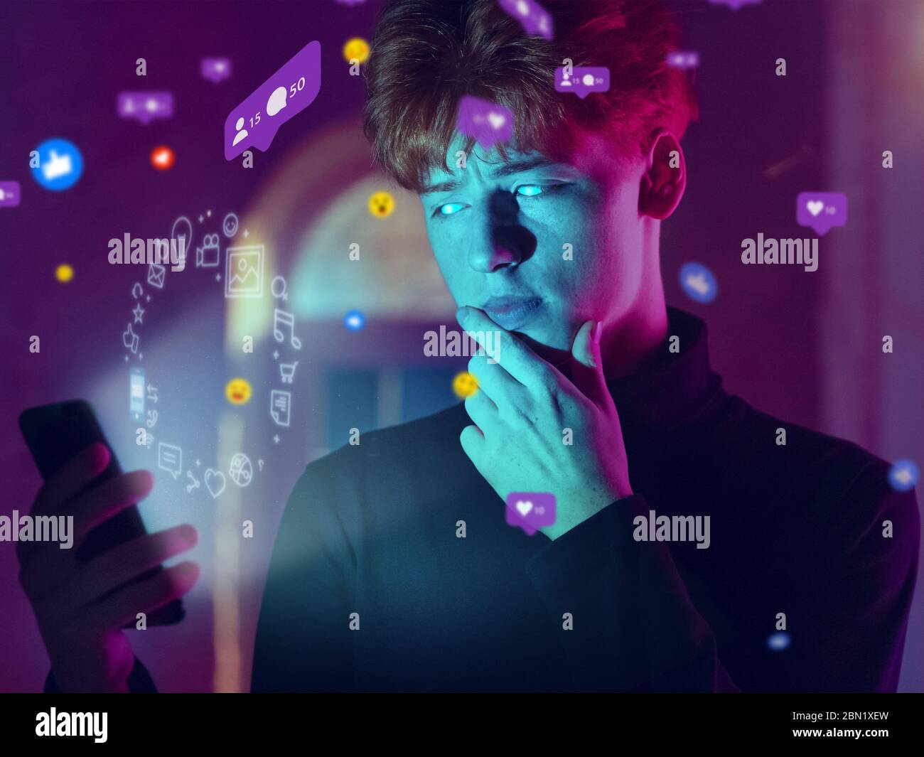 Beautiful man with white eyes using interface modern technology and ...