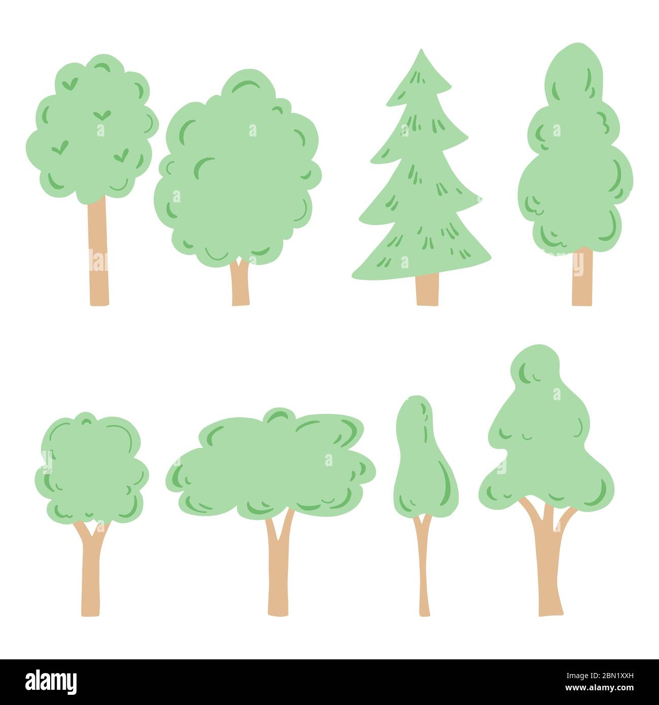 Set of cartoon tree with hand drawn elements isolated. Nature flat tree ...