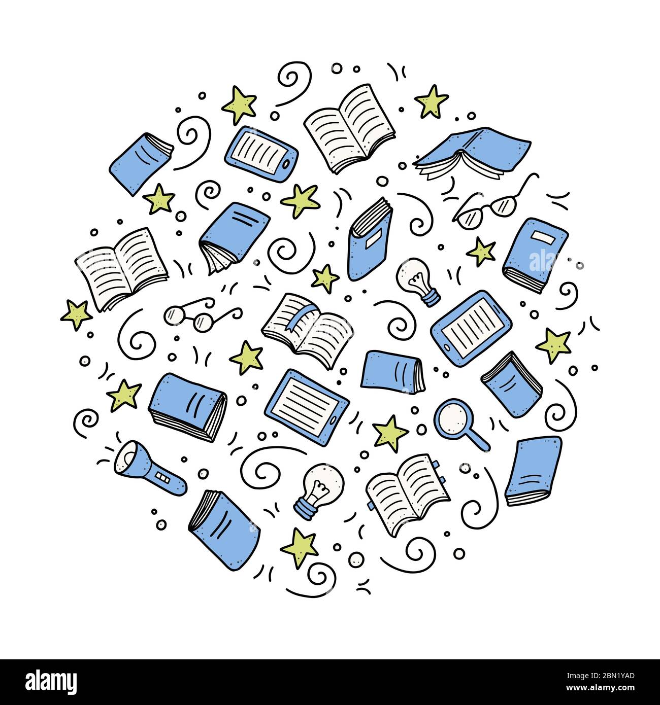 Hand drawn set of book doodle elements, e-book, lamp, education symbols ...