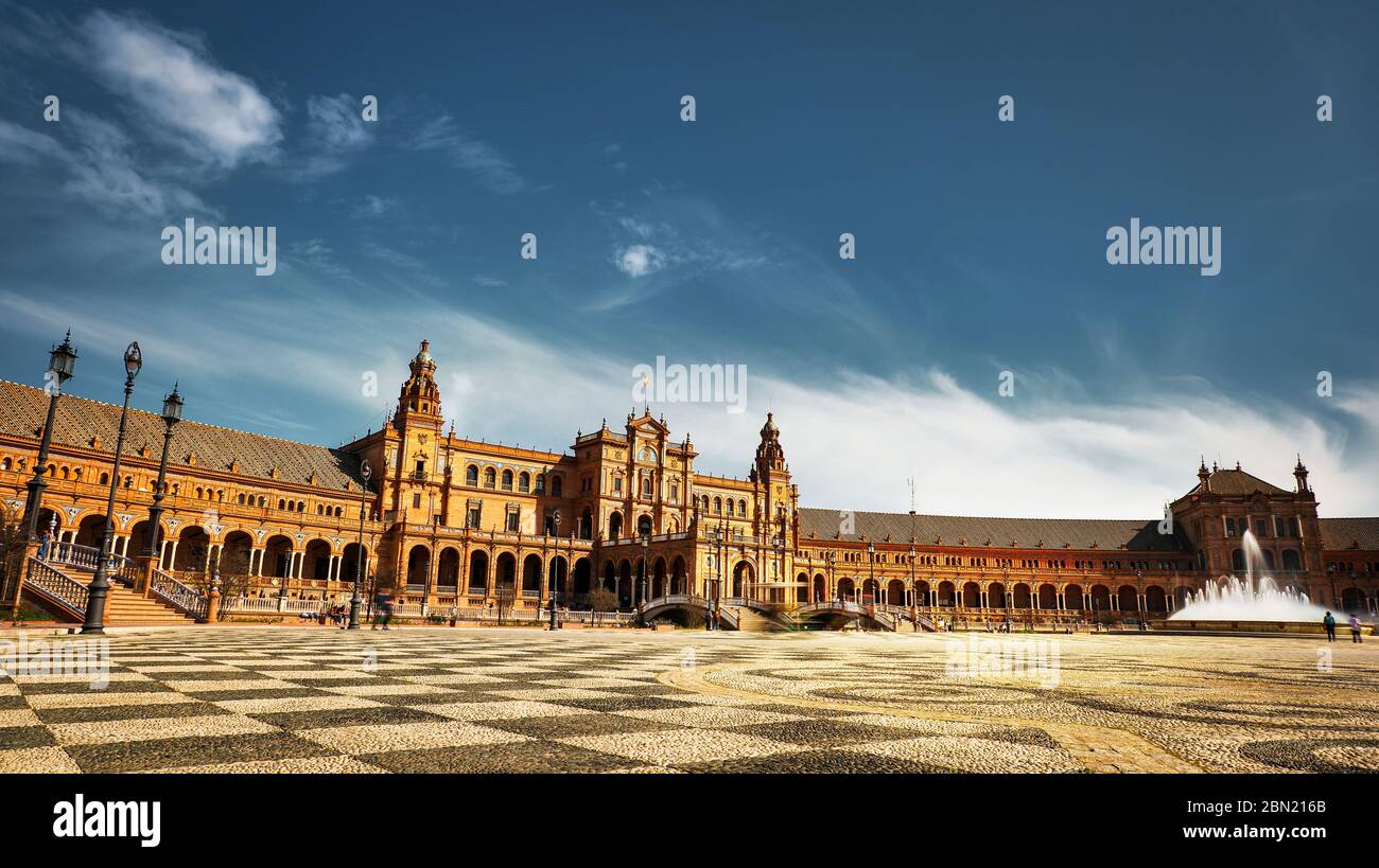 Seville, Spain - February 15th, 2020 - the beautiful Plaza de Espana ...