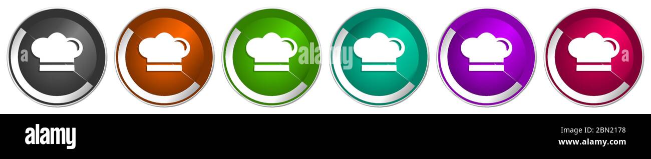 Cook icon set, silver metallic chrome border vector web buttons in 6 ...
