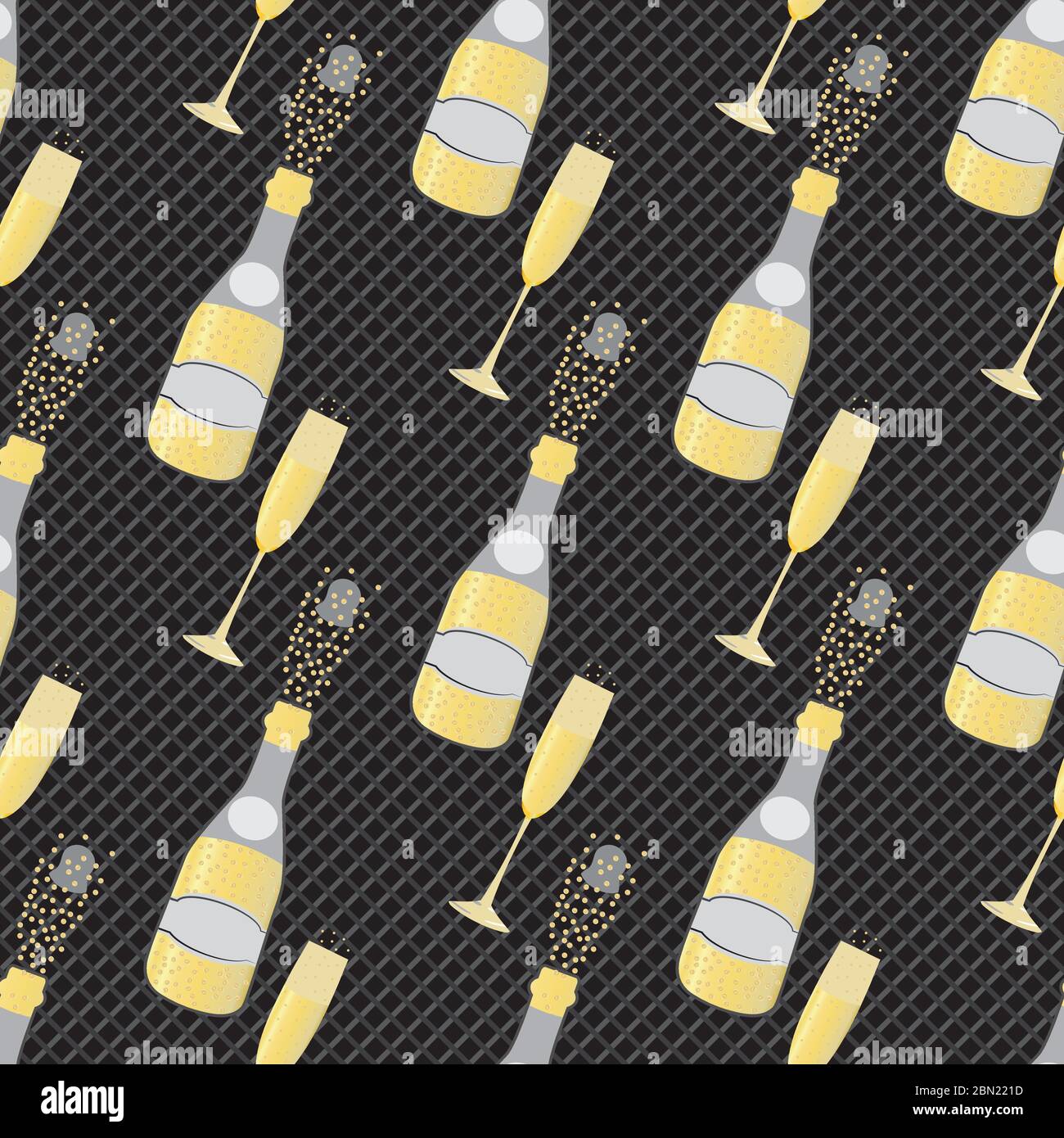 Champagne bubbles vector seamless pattern background. Hand drawn bottles, glasses, fizzy drink ...