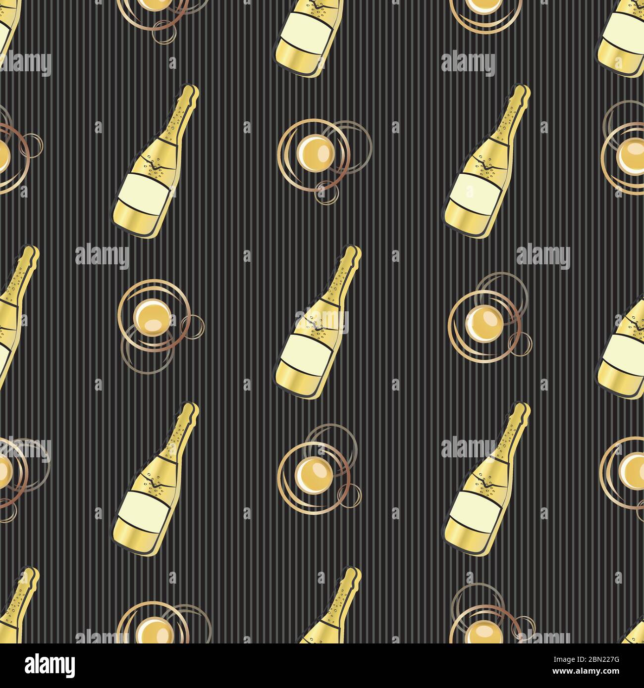 Champagne bubbles vector seamless pattern background. Hand drawn bottles, glasses, fizzy drink ...