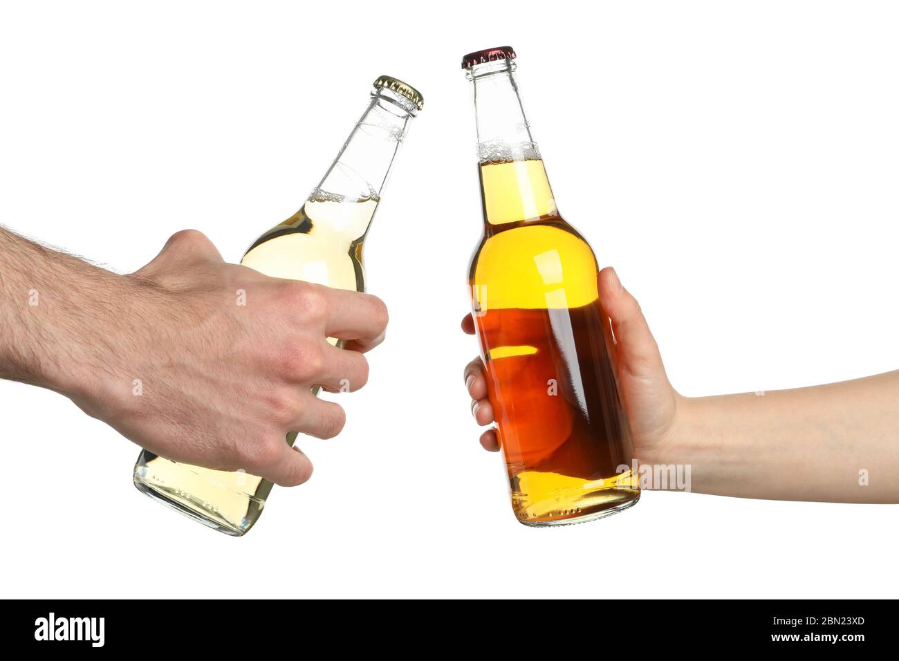Hands hold bottles of cider, isolated on white background. Cheers Stock ...