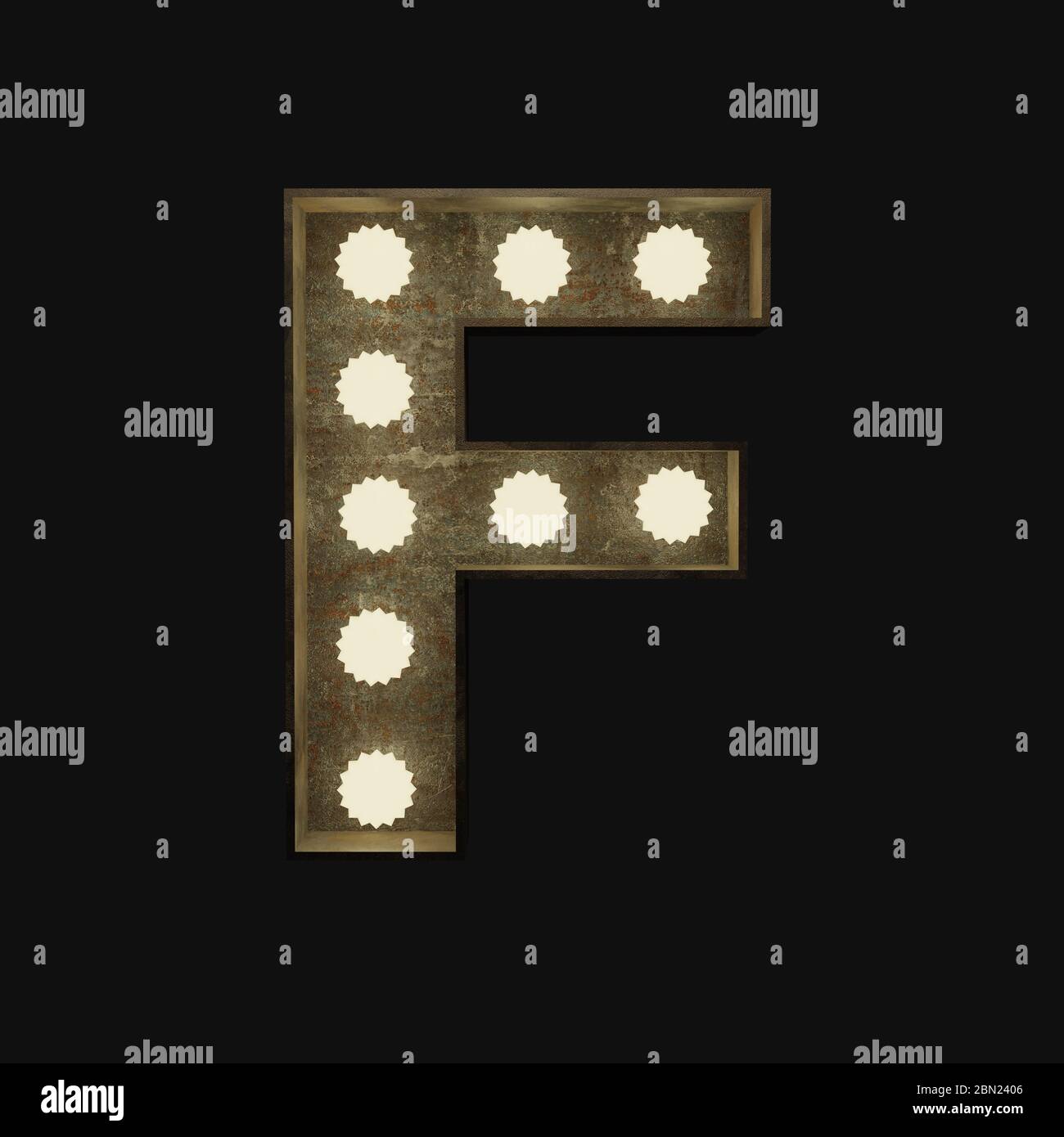 Metal letter F with small lamps on a dark background, 3d rendering ...