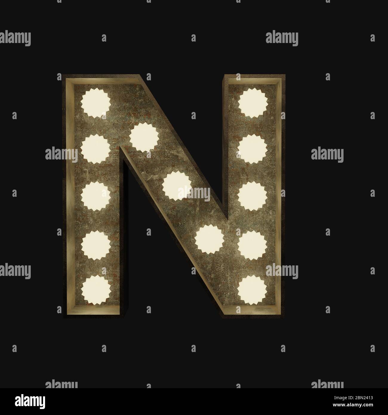Metal letter N with small lamps on a dark background, 3d rendering ...