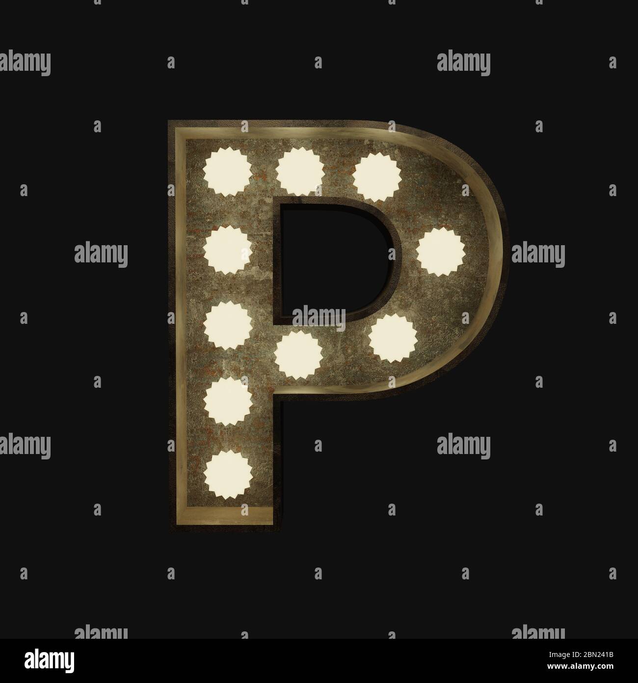 Metal letter P with small lamps on a dark background, 3d rendering ...