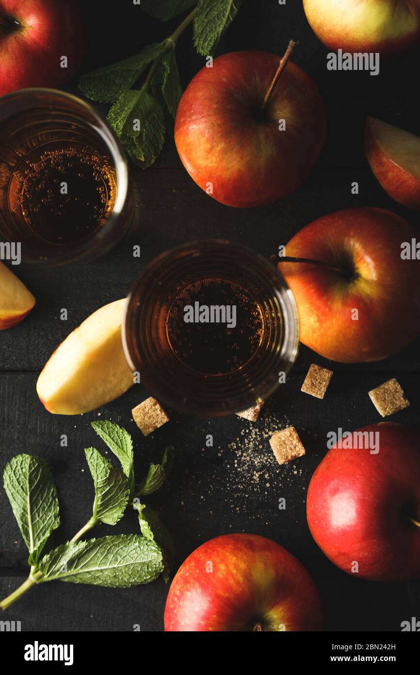 Composition with cider, sugar and apples on wooden background Stock ...
