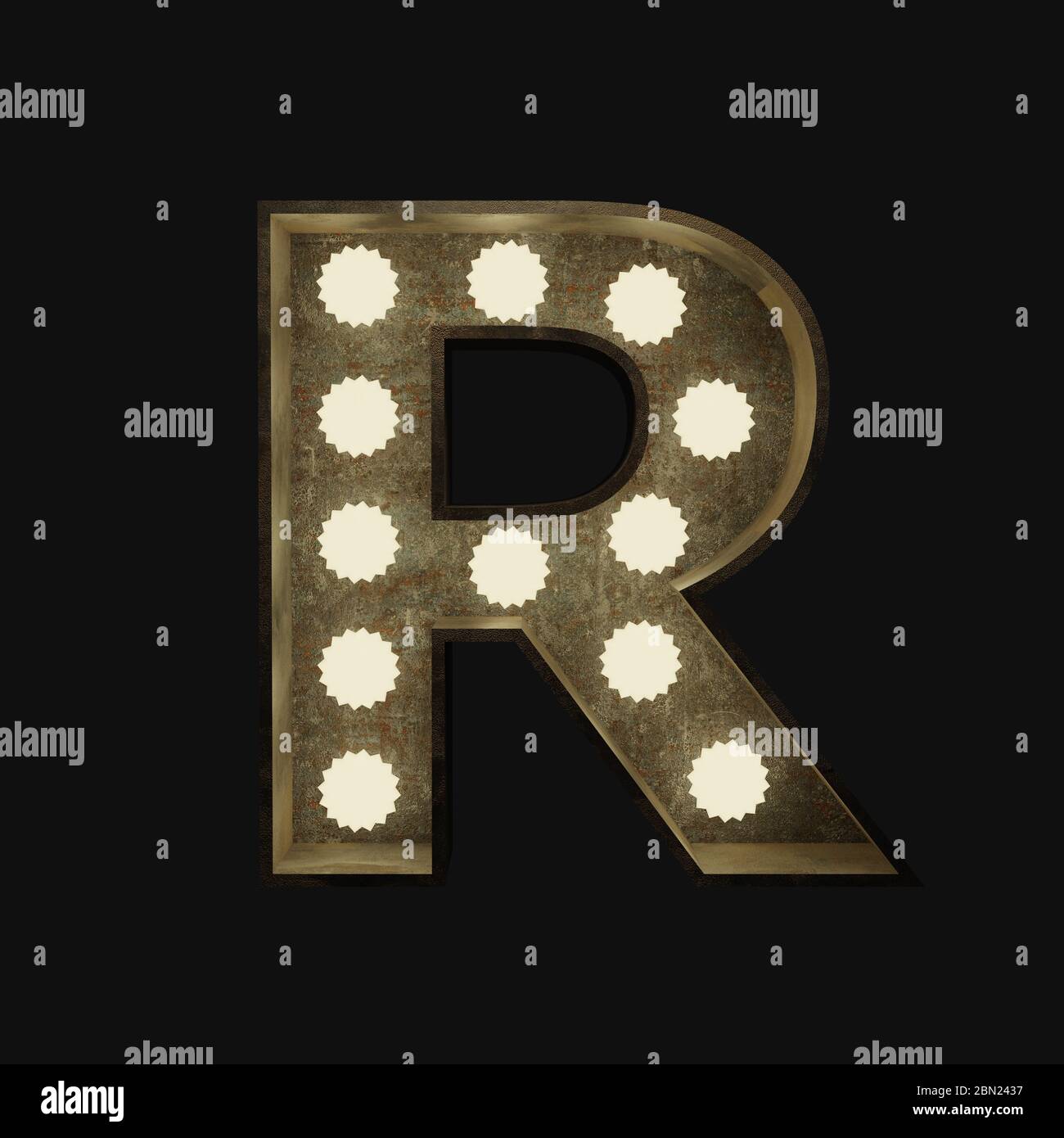 Metal letter R with small lamps on a dark background, 3d rendering ...