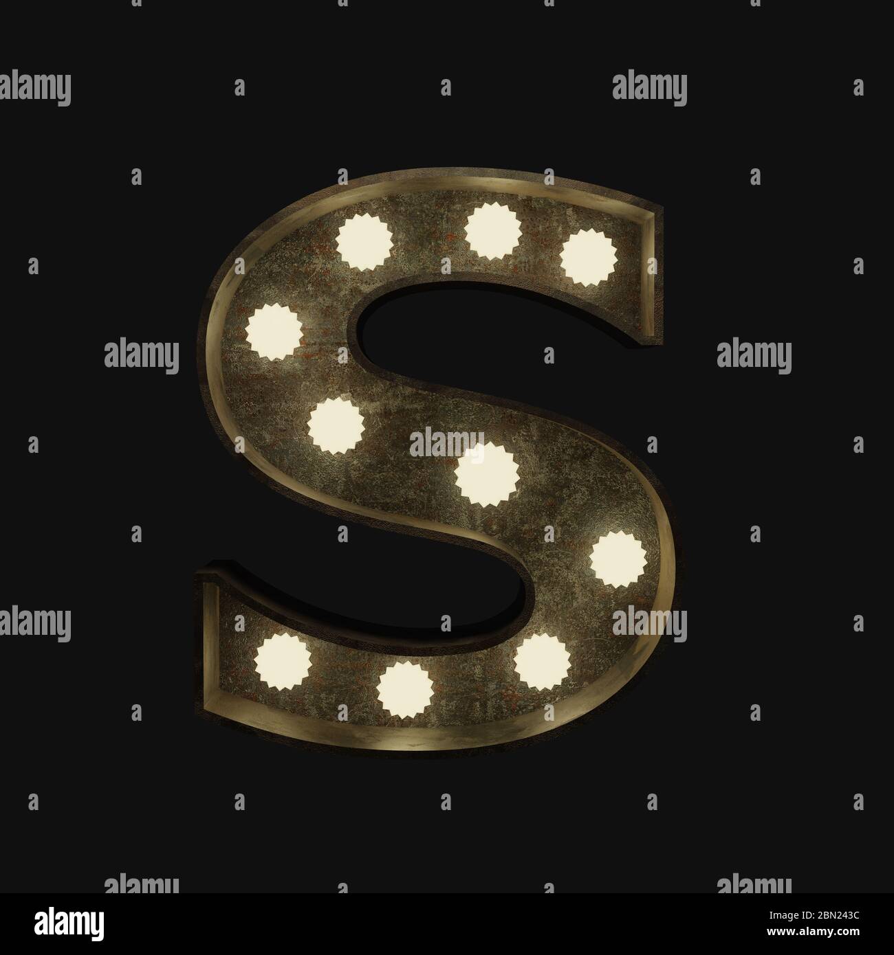 Metal letter S with small lamps on a dark background, 3d rendering ...