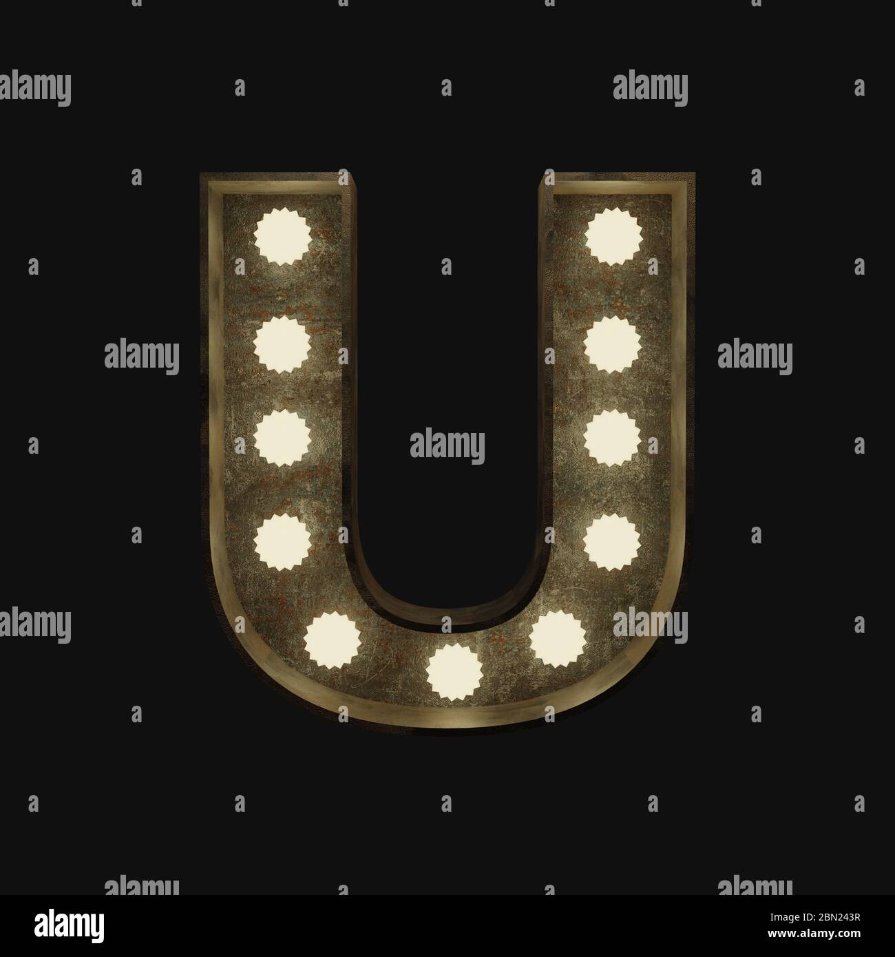Metal letter U with small lamps on a dark background, 3d rendering ...