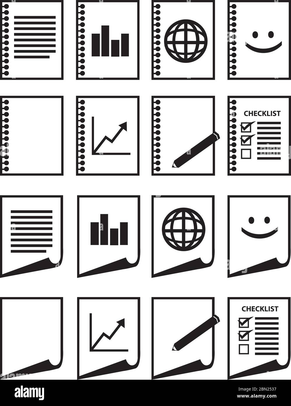 Conceptual symbols on a page of notebook paper. Vector icon set ...